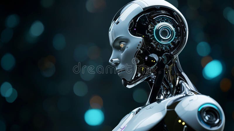 A Futuristic Female Android Posing Against a Blurred Background Stock ...