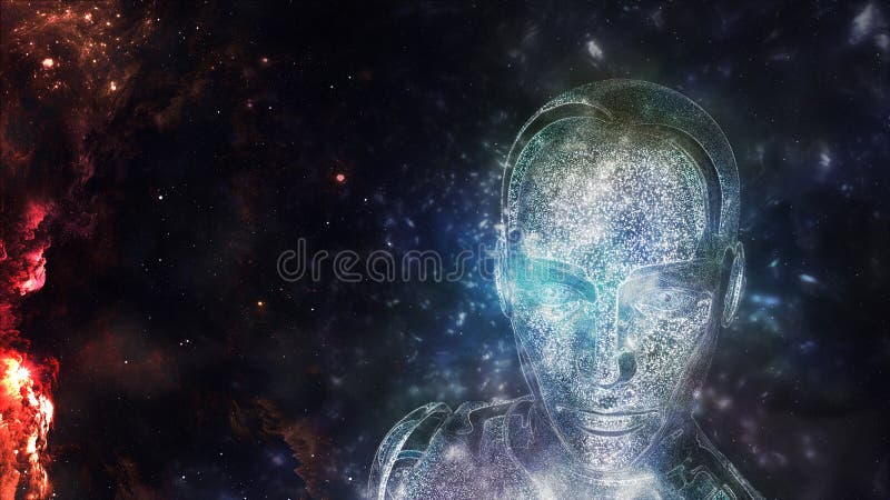 Futuristic Female Android in Deep Space Holding Human Skull Stock ...