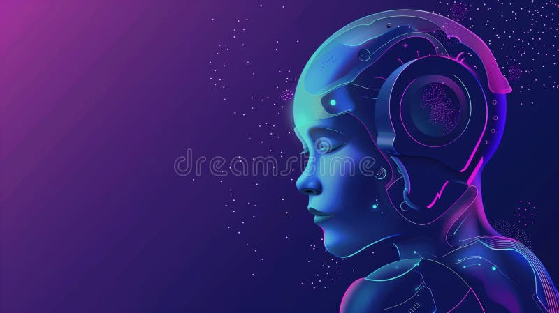 Futuristic Female Cyborg with Closed Eyes on Gradient Purple Background ...