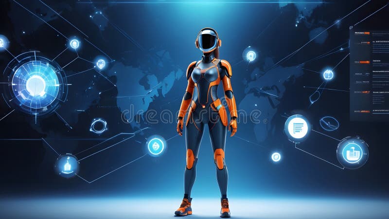Futuristic Female Figure Standing before a Digital Global Network and ...