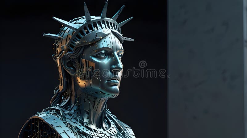 Futuristic Female Robot Bust with Statue of Liberty Elements Stock ...