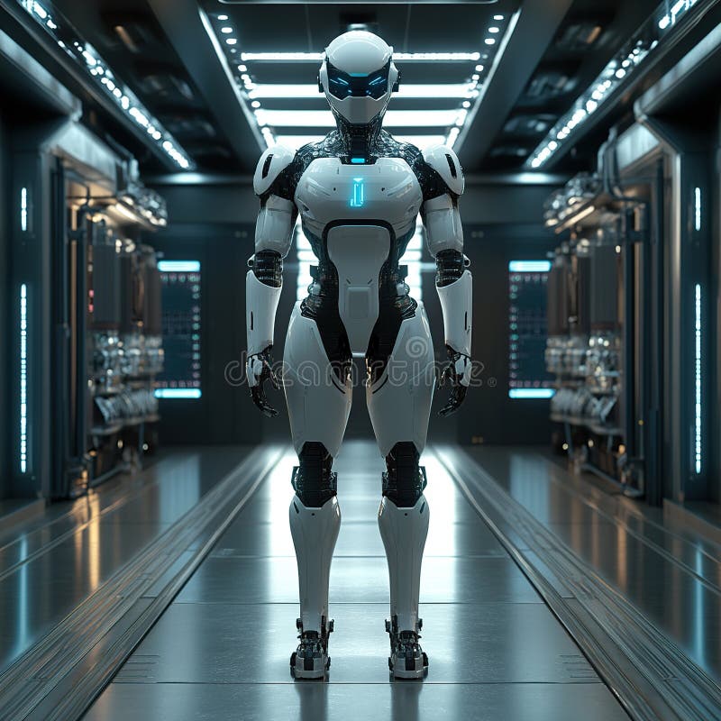 Futuristic Female Robot Standing in Spaceship Corridor Stock ...