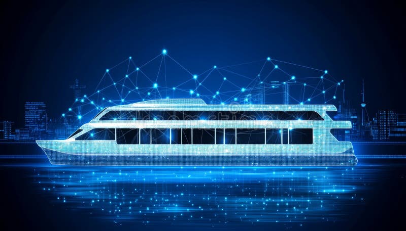 Futuristic Ferry, Digital Network Connectivity, Smart City Background ...