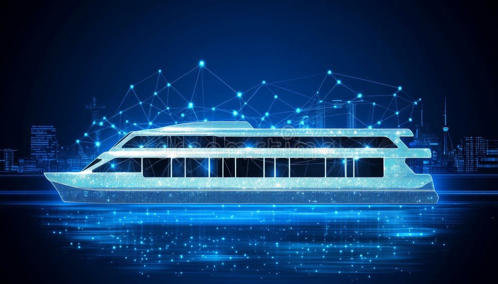 Futuristic Ferry, Digital Network Connectivity, Smart City Background ...