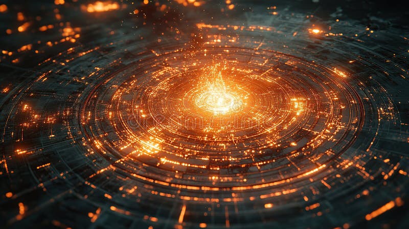 Futuristic Fiery Core Explodes, Circular Tech Backdrop, Energy Surge ...