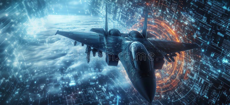 Futuristic Fighter Jet Flying through Digital Vortex in Space with ...