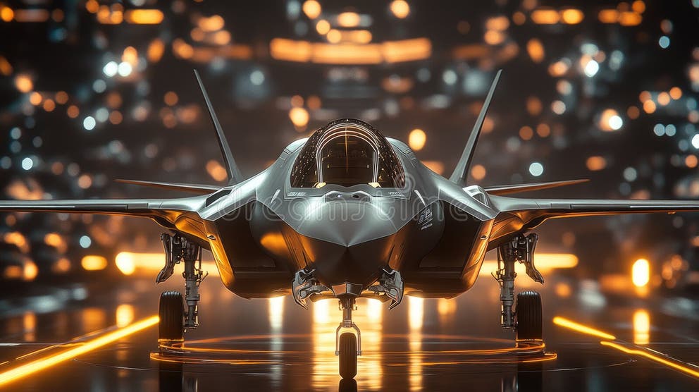 Futuristic Fighter Jet in High-tech Hangar with Neon Lights Stock Photo ...