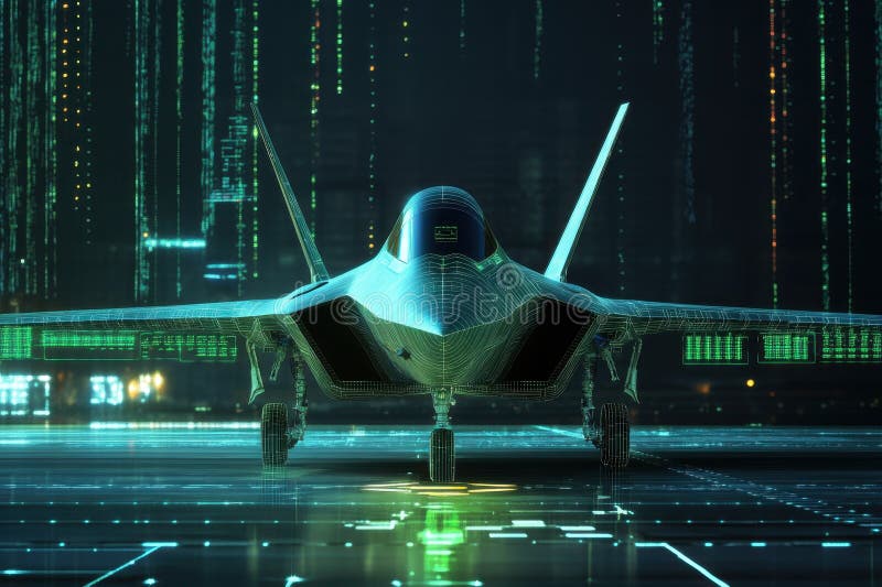 Futuristic Fighter Jet Showcased in a High-tech Digital Environment ...