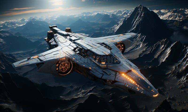 Futuristic Fighter Jet Soaring Over Mountain Range Stock Image - Image ...