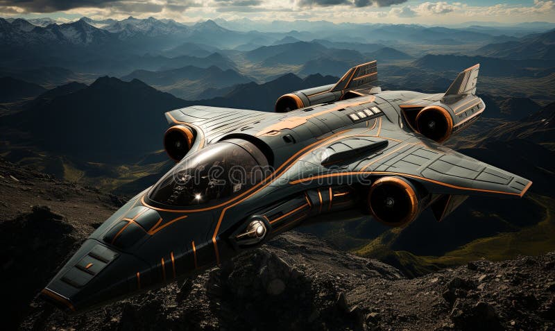 Futuristic Fighter Jet Soaring Over Mountain Range Stock Image - Image ...