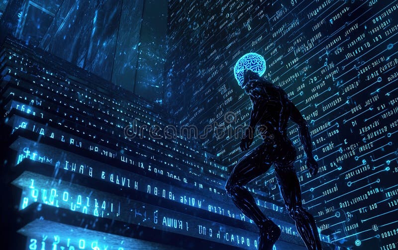 A Futuristic Figure Ascends Glowing Steps Surrounded by Digital Code ...