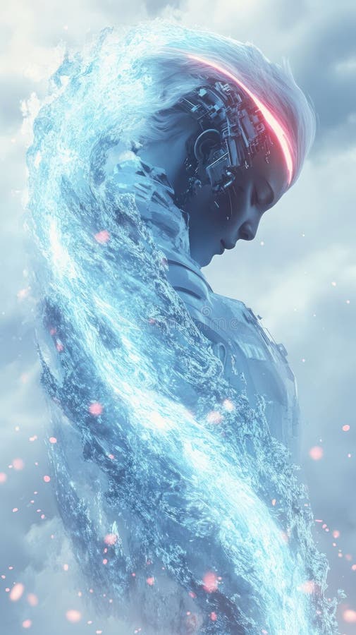 A Futuristic Figure Made of Water and Light, Symbolizing Technology and ...