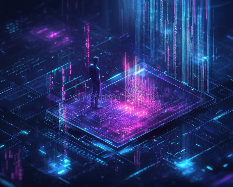 Futuristic Figure Standing on a Digital Display Surrounded by Glowing ...