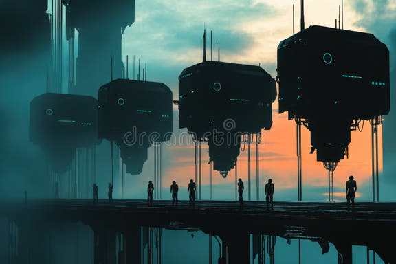 Futuristic Figures Explore a Dark Landscape with Floating Structures at ...