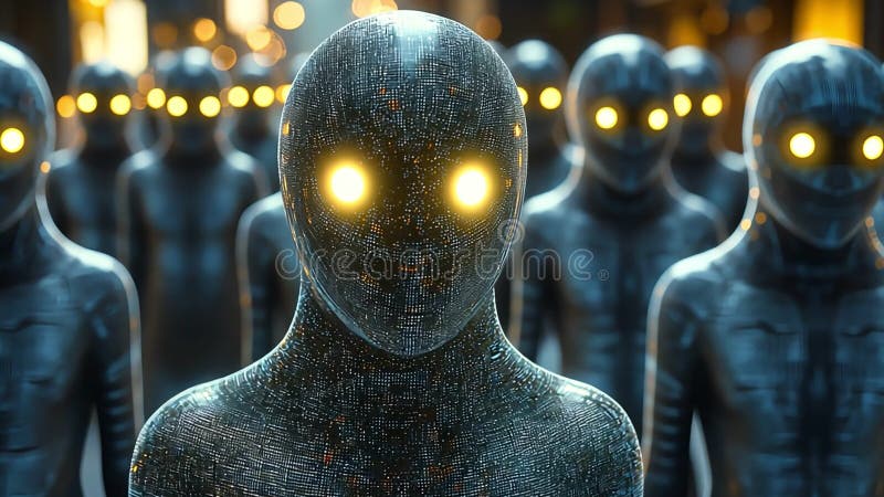 Futuristic Figures with Glowing Eyes Digital Landscape Evoke Mystery ...