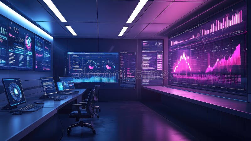 Futuristic Financial Control Room with Monitors Displaying Data and ...