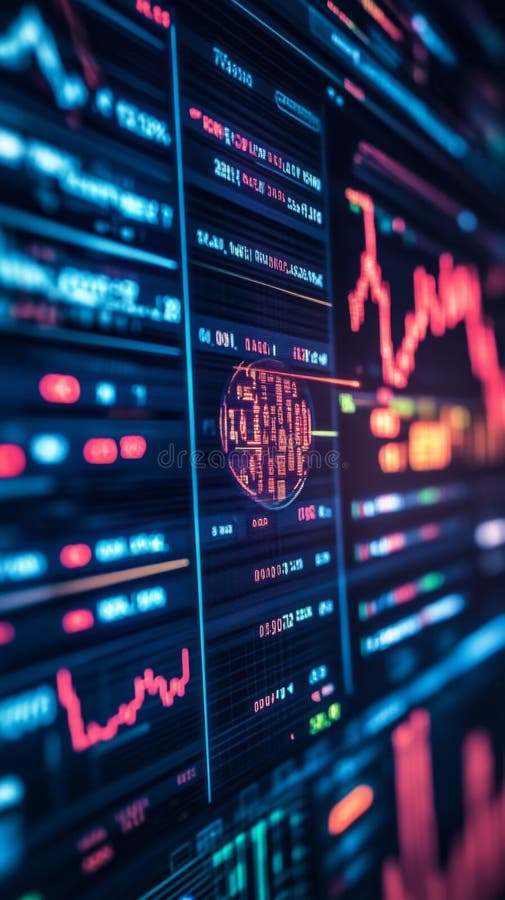 Futuristic Financial Data Visualization Showcasing Dynamic Graphs and Metrics. Bright Colors ...