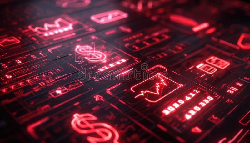 Futuristic Financial Technology Interface Red Neon Icons and Symbols ...