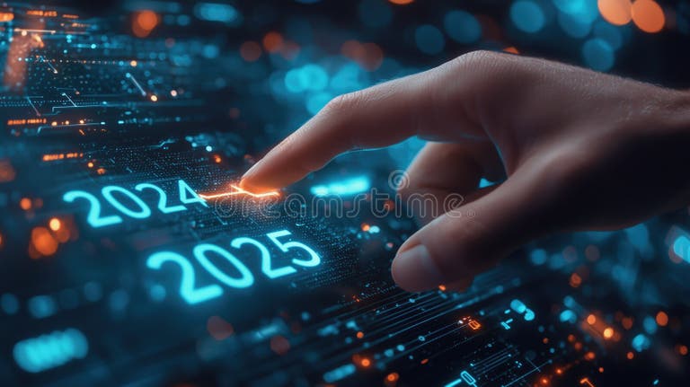 Futuristic Finger Touching Digital Interface with 2024 and 2025 in Neon ...