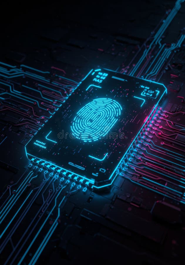 Futuristic Fingerprint Scan on Neon Circuit Board Stock Illustration ...