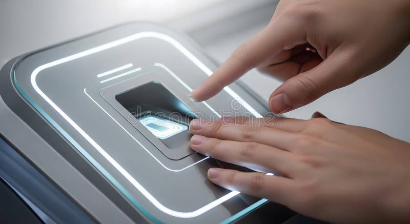 Futuristic Fingerprint Scanner with Glowing Light and Hands Interacting ...