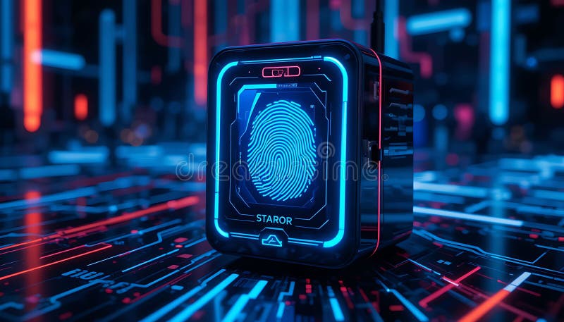 A Futuristic Fingerprint Scanner with Neon Lights on a Circuit Board ...