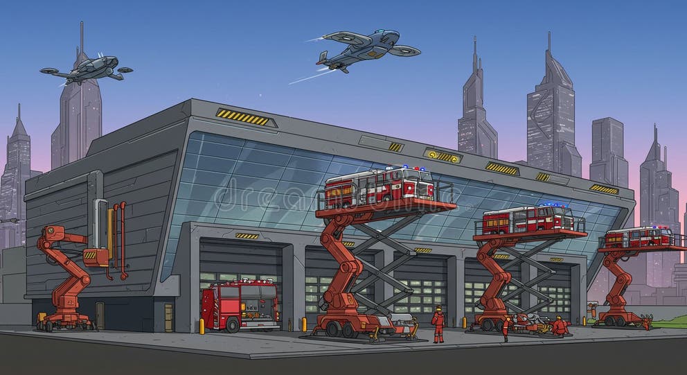 Futuristic Fire Station with Advanced Architecture and Technology. Glass-paneled Stock ...