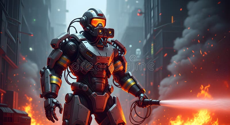 Futuristic Firefighter Robot Saving Burning City, Technological Heroism ...
