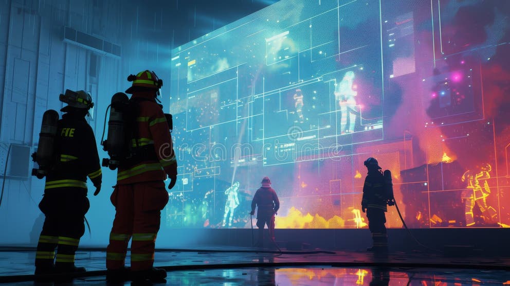 Futuristic Firefighters Analyzing Digital Emergency Data Stock Photo - Image of response ...