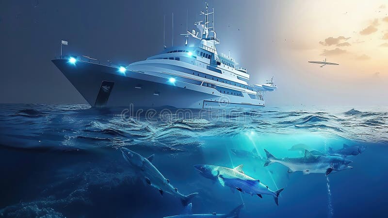Futuristic Fishing Vessel with Advanced Technology, Including Robotic ...