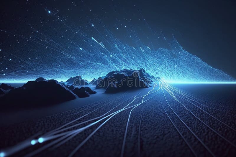 Futuristic Flight through a Digital Line Landscape Blue Dust Particle ...