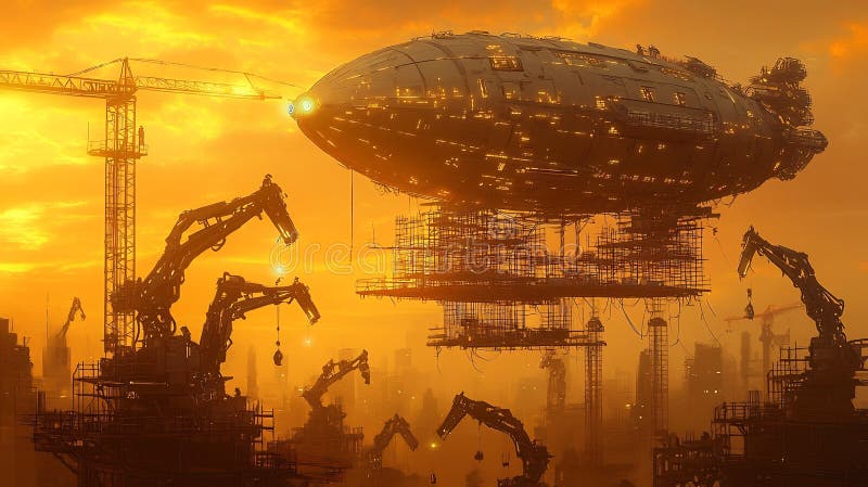 Futuristic Floating Airship Construction Site Amidst Vibrant Sunset ...