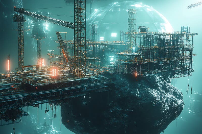 Futuristic Floating Asteroid Construction Site with Gleaming Titanium ...