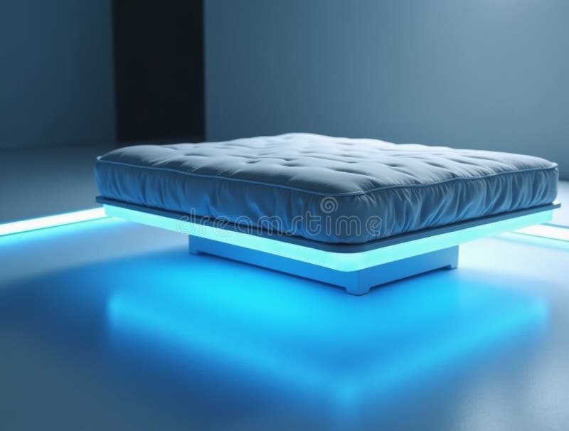Futuristic Floating Bed with Neon Blue Lights in Minimalist Room Stock ...