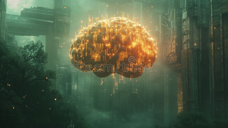 Futuristic Floating Brain Surrounded by Neon Lights in an Abandoned Sci ...