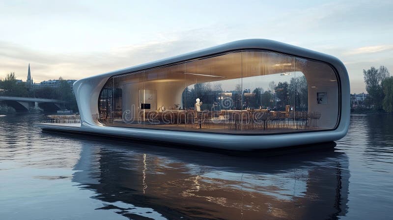 Futuristic Floating Cafe with Glass Walls and Smooth, Flowing Stock ...