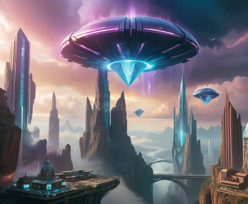Futuristic Floating Cities with Hovering Structures at Sunset Stock ...