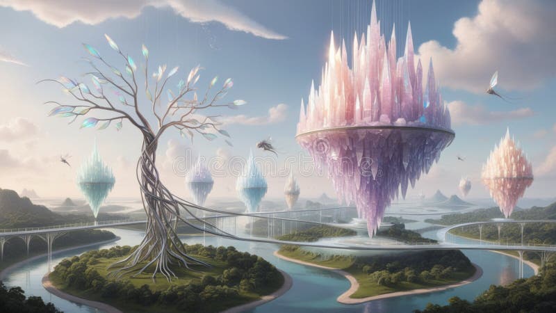 Futuristic Floating Cities in the Sky with Crystal Structures Stock ...