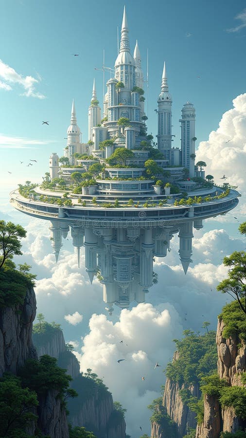 Futuristic Floating City Above Clouds with Lush Greenery and Spires ...