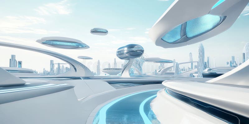 A Futuristic Floating City with Sleek Structures, Glowing Pathways, and ...
