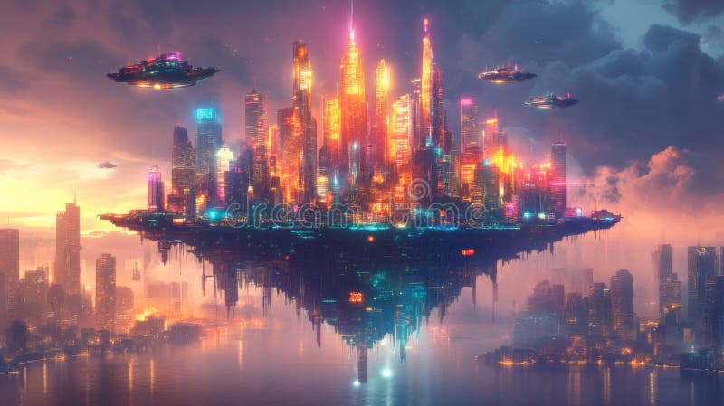Futuristic Floating City at Sunset Stock Illustration - Illustration of ...