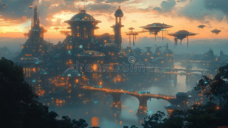 Futuristic Floating City at Sunset with Flying Platforms Generative AI ...