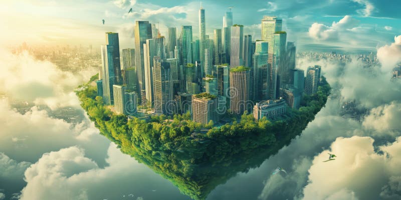 Futuristic Floating City Surrounded by Clouds and Greenery in a Vibrant ...