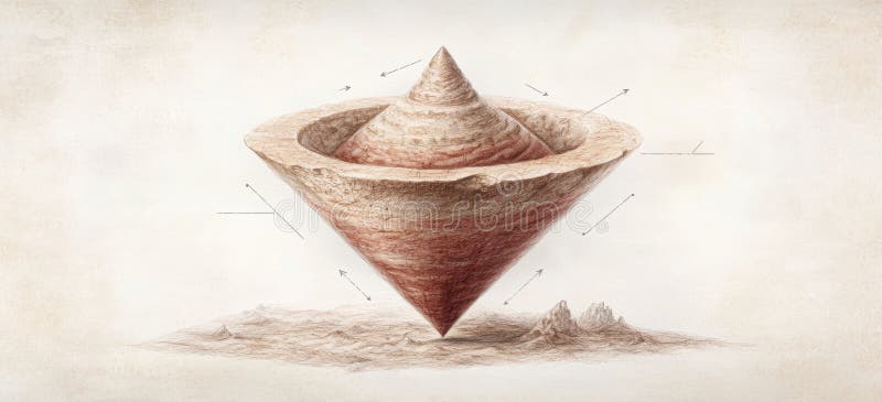 Futuristic Floating Cone with Arrows and Geometric Landscape in Neutral ...