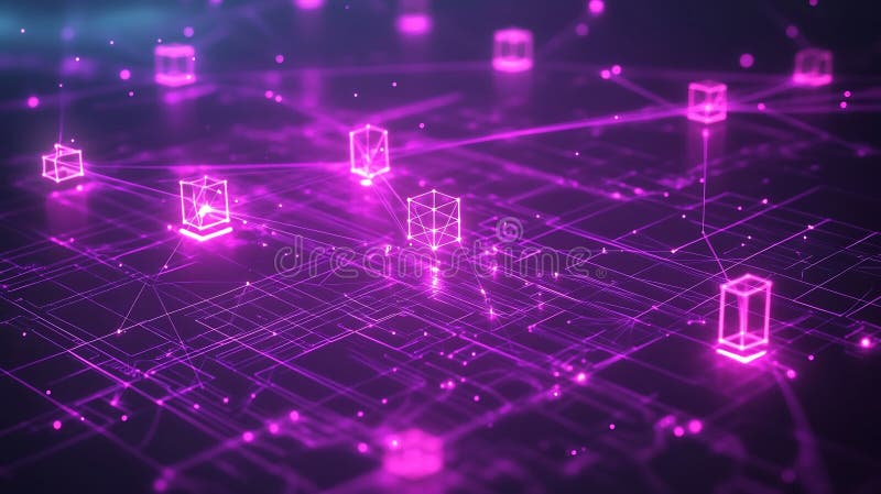 Futuristic Floating Construction Icons Linked by Glowing Purple Threads ...