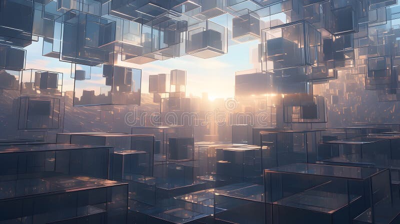 Futuristic Floating Cubes with Horizon Lighting and Minimalist Grid ...