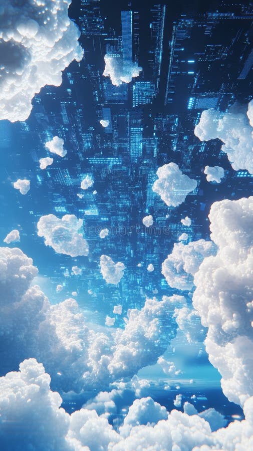 Futuristic Floating Data Landscape in a Blue Sky with Digital Elements ...