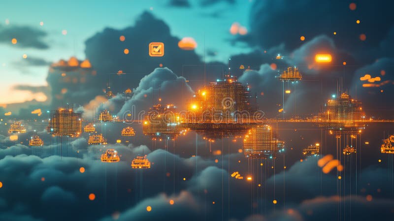 Futuristic Floating Digital City Above Clouds with Luminous Structures ...