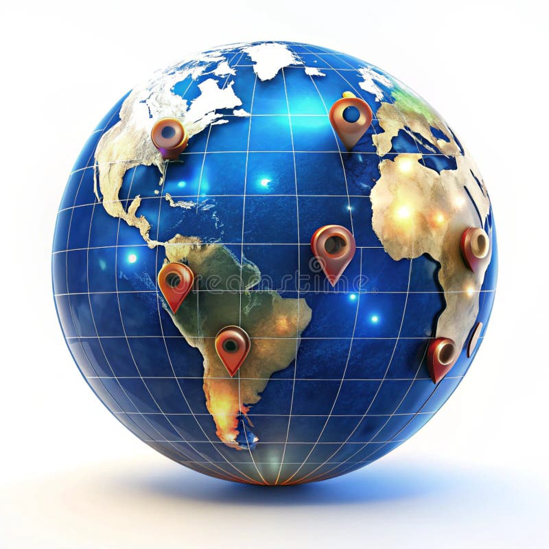 Floating Digital Globe with Glowing Map Pins Stock Illustration ...