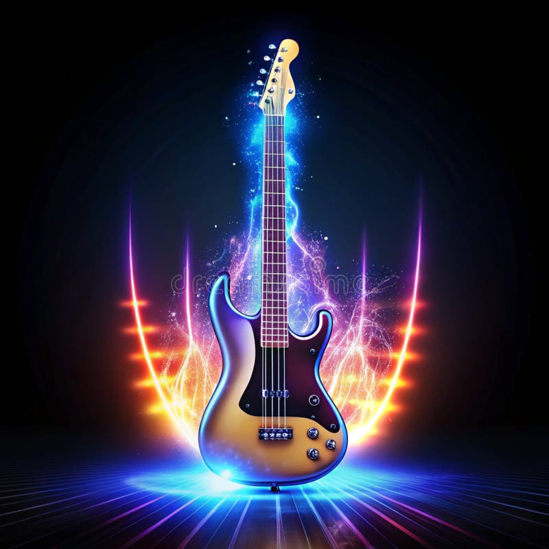 Floating Glowing Electric Guitar with Animated Sound Waves Stock ...
